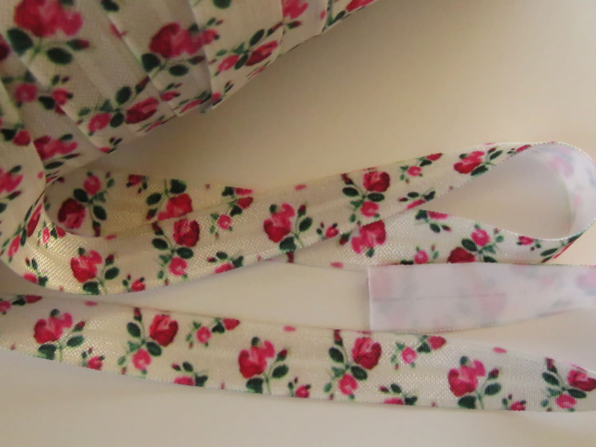 5.7m Pink Roses on White 15mm fold over elastic FOE foldover elastic ...