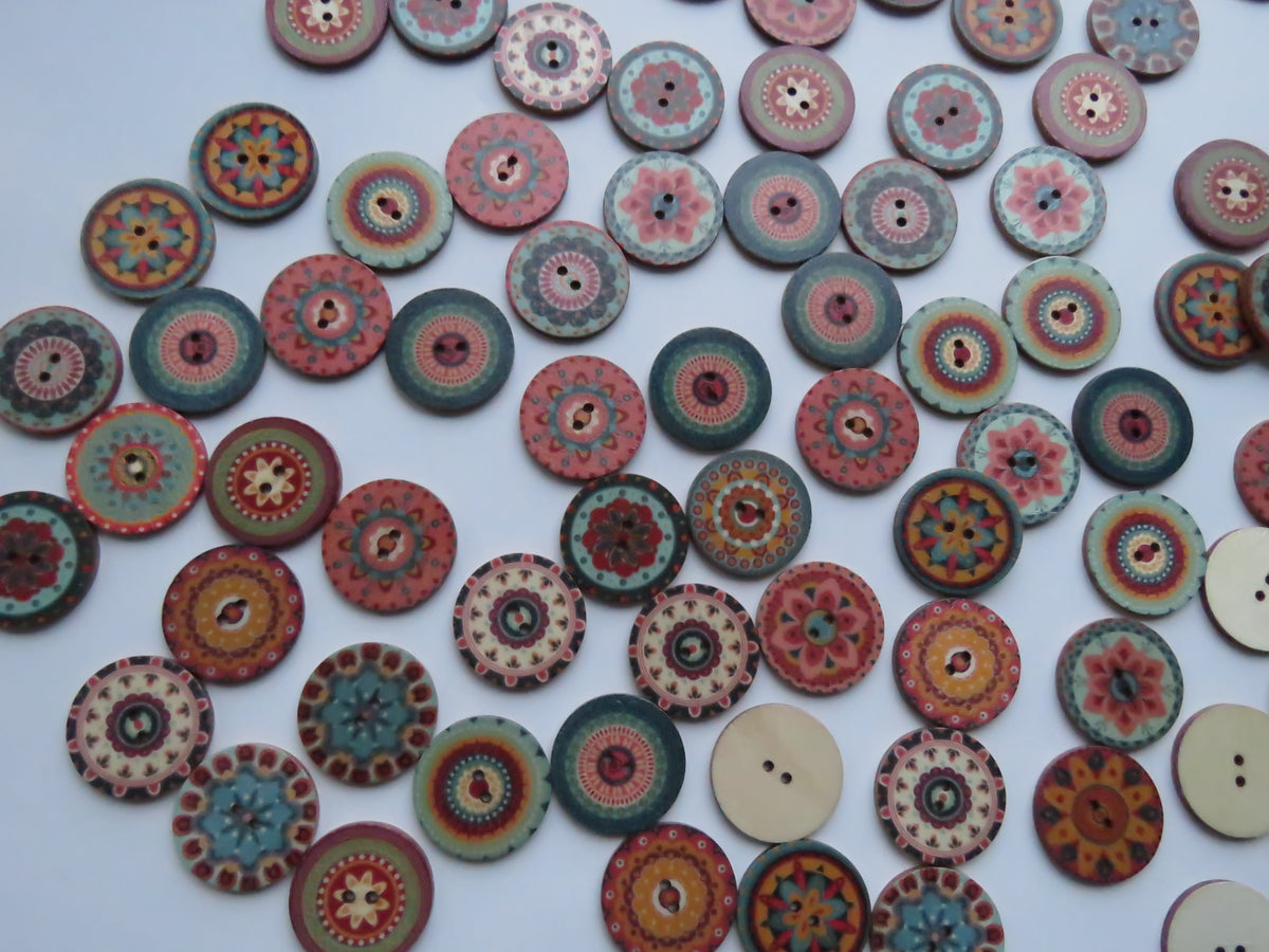 50 Retro Vintage Middle Eastern Print Buttons 25mm diameter- 2 holes ...