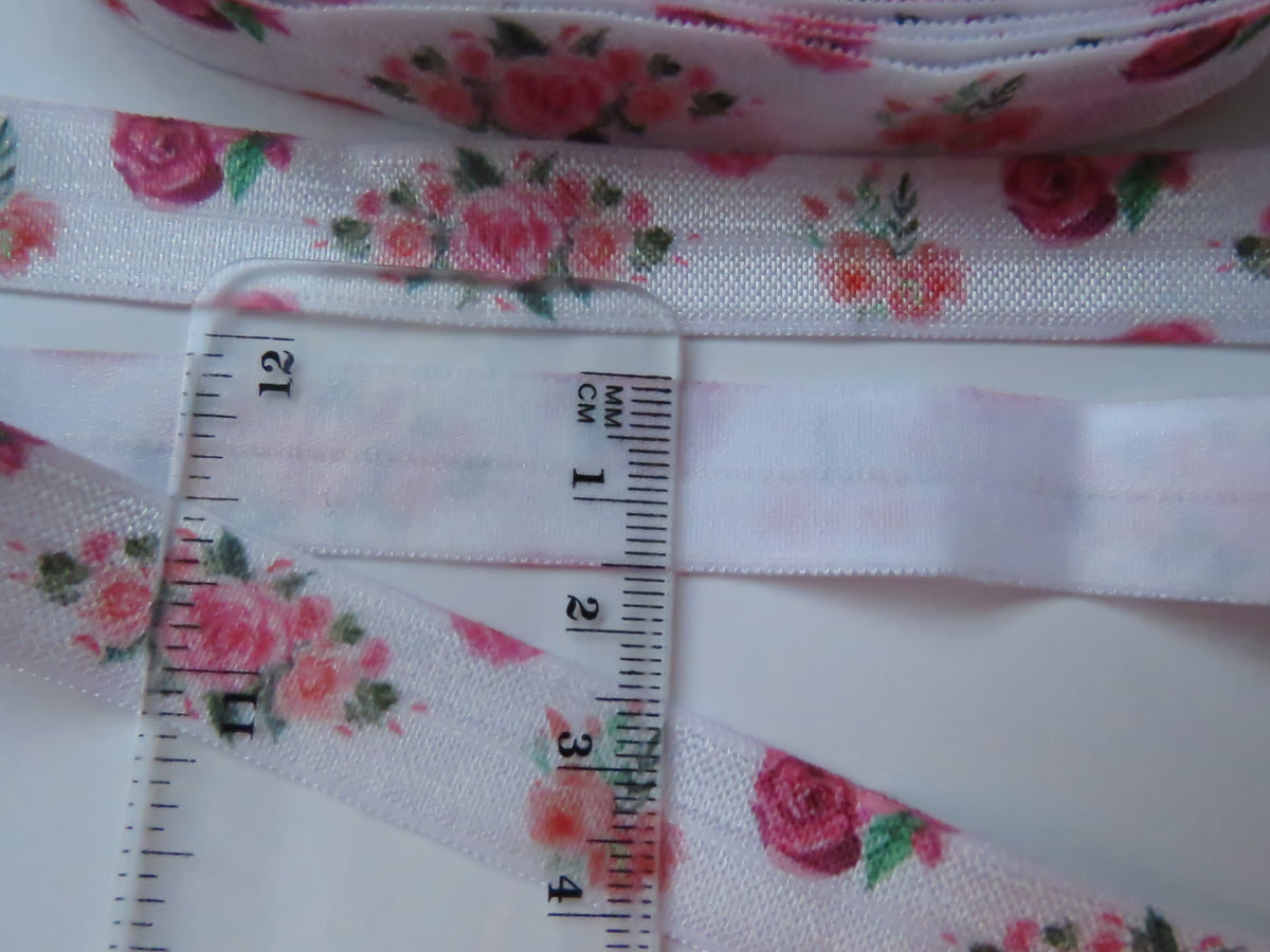 4.7m Bunch of Pink Roses print on white Fold over Elastic FOE Fold ove ...