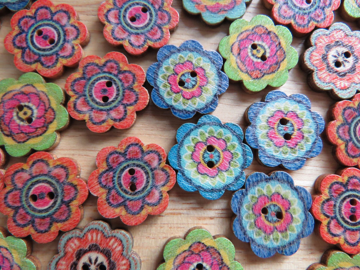 52 Retro Mosaic Flower Shape Wood like Buttons 20mm diameter – New ...