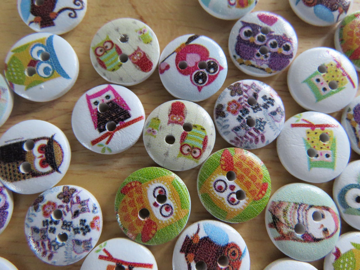 25 Owl print 15mm buttons- single and double owl print white back – New ...
