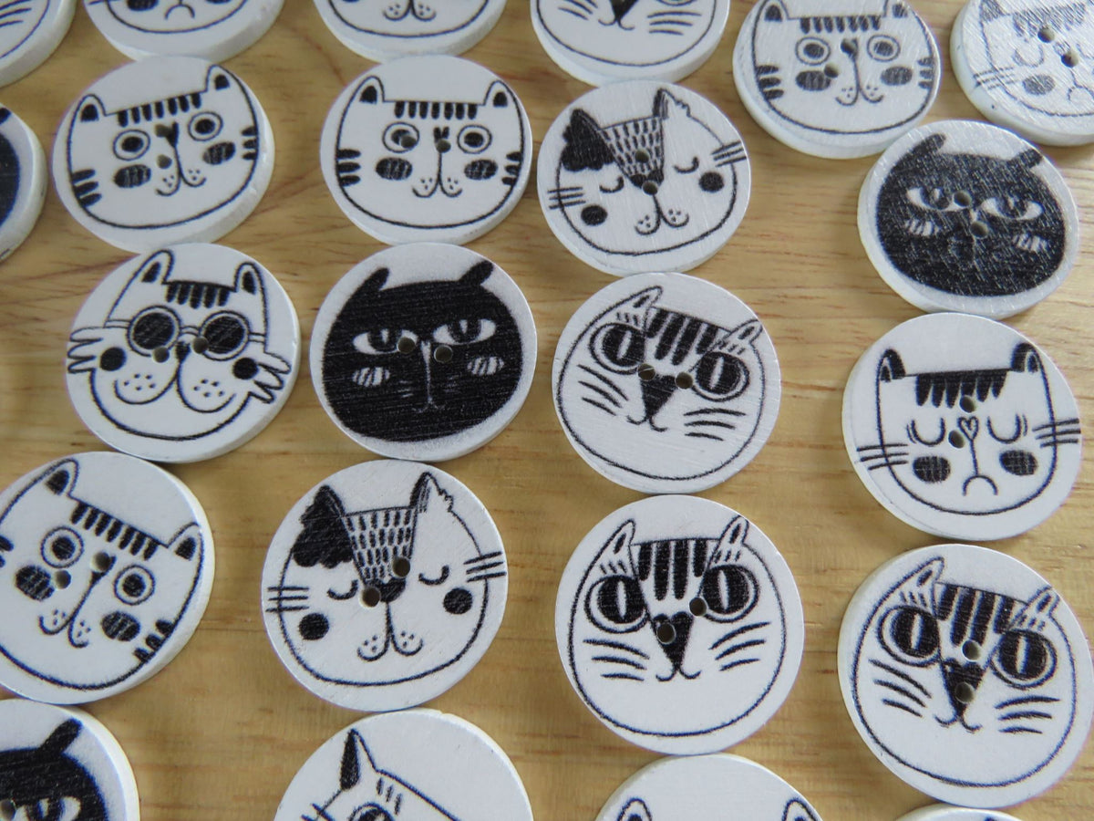 10 Single Cat face print in black on white 25mm buttons – New Zealand ...